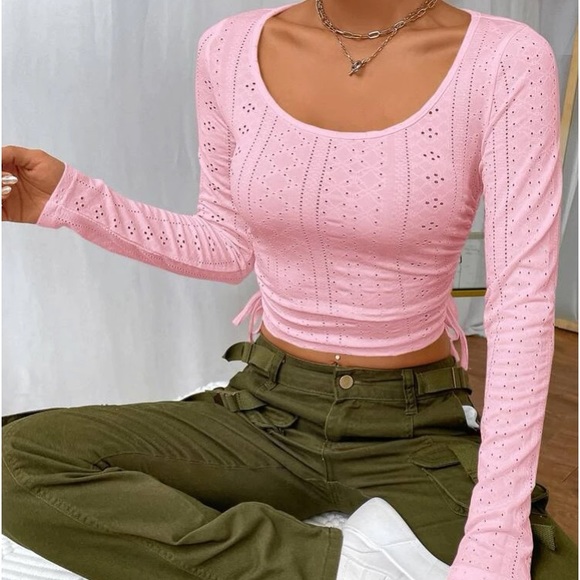 SHEIN | Tops | Nwtlight Pink Eyelet Embroidery Drawstring Side Long ...